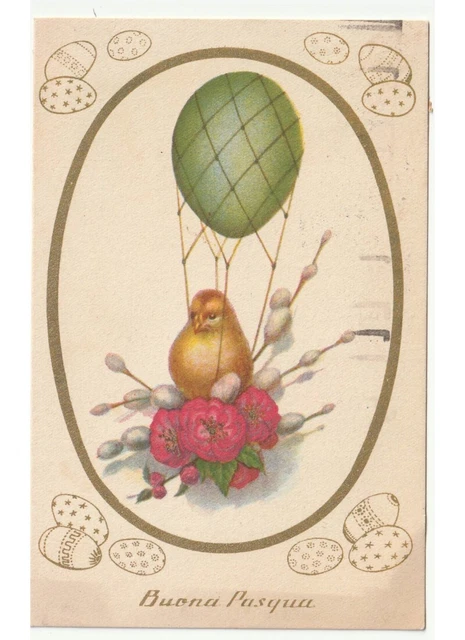 1949 PULCINO UOVO mongolfiera fiori salice pesco cartolina d'epoca ...