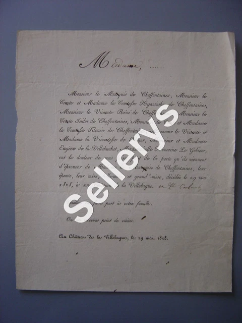 FAIRE-PART DE DÉCÈS de 1828 Marquise de CHEFFONTAINES Château de la Villebague EUR 24,90 ...