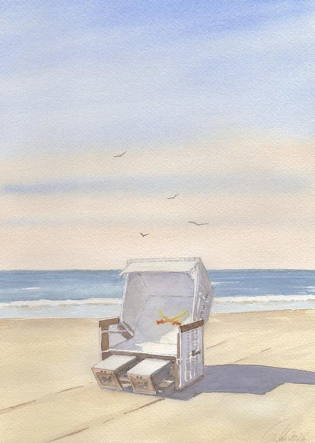 ORIGINAL AQUARELL - Sand,Meer,Natur,Gras,Möwen,Sylt - Strandkorb EUR 7 ...