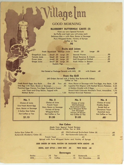 1960'S ORIGINAL VINTAGE Breakfast Menu VILLAGE INN Restaurant £71.03 ...
