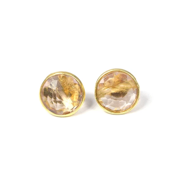 925 SOLID STERLING Silver 24CT Gold Overlay Cut Peach Quartz Stud T443 ...
