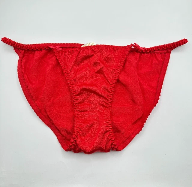 VTG UNBRANDED STRING Bikini Satin Panty M Red Polyester Embossed Bows ...