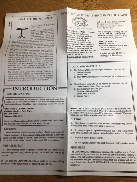 THE HOUSE OF MINIATURES 1:12 DOLLS HOUSE KIT Queen Anne tilt top table ...