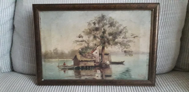 TABLEAU ANCIEN À l'huile signé et représentant un paysage lacustre EUR 105,00 - PicClick FR