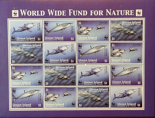 UNION ISLAND GREN Of St Vincent Shortfin Mako Shark Wwf Stamps 2002 Mnh ...