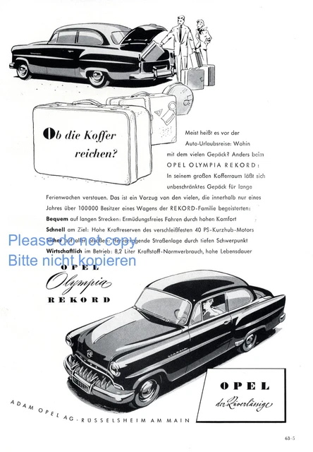 OPEL OLYMPIA REKORD Reklame von 1954 Koffer Kofferraum Werbung ad EUR ...