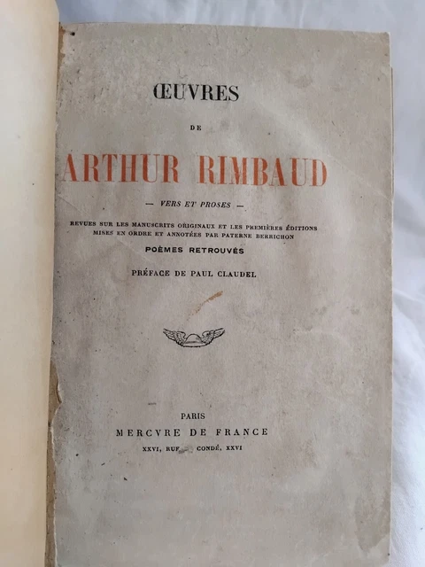 ARTHUR RIMBAUD OEUVRES 1912 Vers Et Proses Paterne Berrichon Reliure ...
