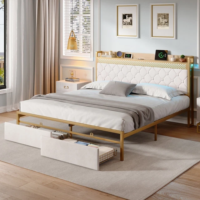 4FT6 DOUBLE GOLD Metal Bed Frame with Drawer Storage Headboard Charging ...