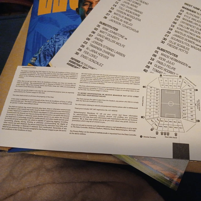 WOLVES V WEST Ham Utd 3/1/26 Programme, Ticket, 2 Different Teamsheets ...