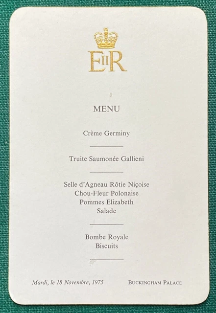 ANTIQUE ROYAL MENU in French Queen Elizabeth II November 1975 ...