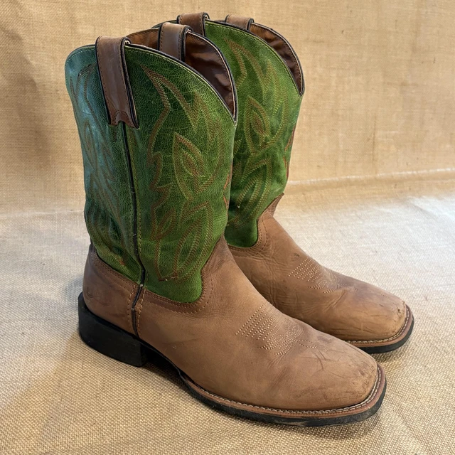 JUSTIN COWBOY BOOTS Mens 10 Brown Green Leather Western Square Toe ...