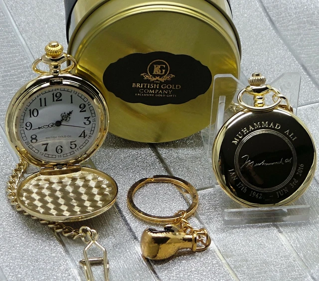 MUHAMMAD ALI SIGNED 24k Gold Clad Pocket Watch Boxing Glove Keyring Set ...