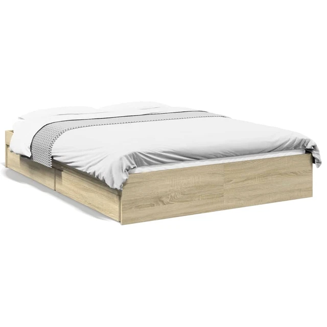 BED FRAME WHITE Sonoma Oak 200x200 cm Engineered Wood 4 Drawers Storage ...