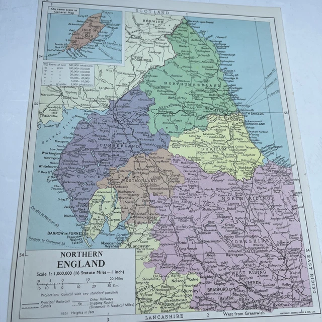 1960: MAP OF Northern England Vintage Old Atlas print BE22 Gifts for ...