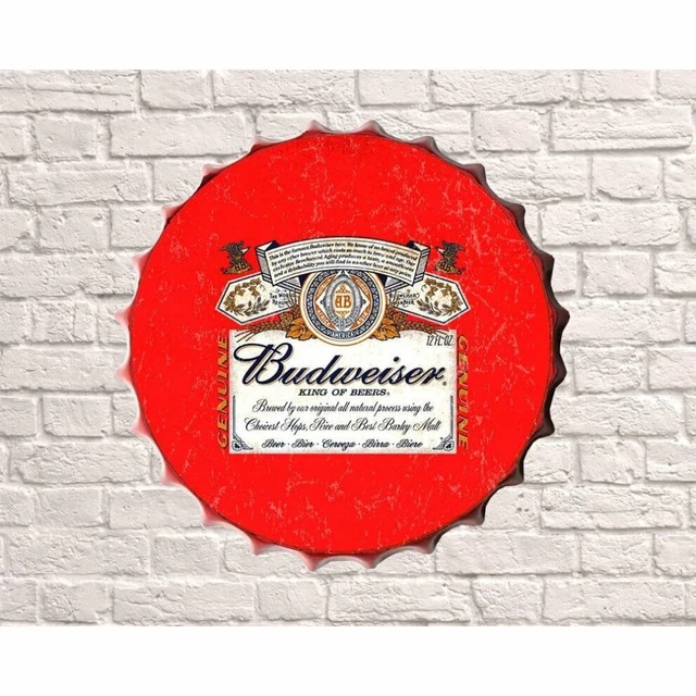 BUDWEISER SIGN METAL Bottle Top Cap Red Bar Retro Wall Hanging Display ...