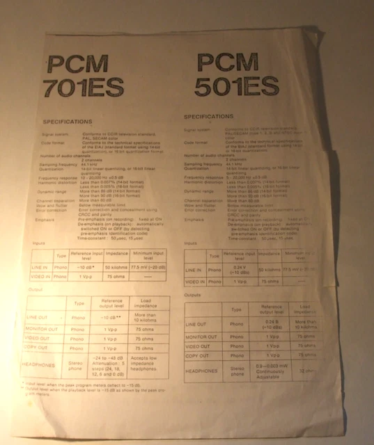 PCM-701ES AND PCM 501ES Spec Sheet PLUS ASC ltd Stock Sale, Sept 1985 ...