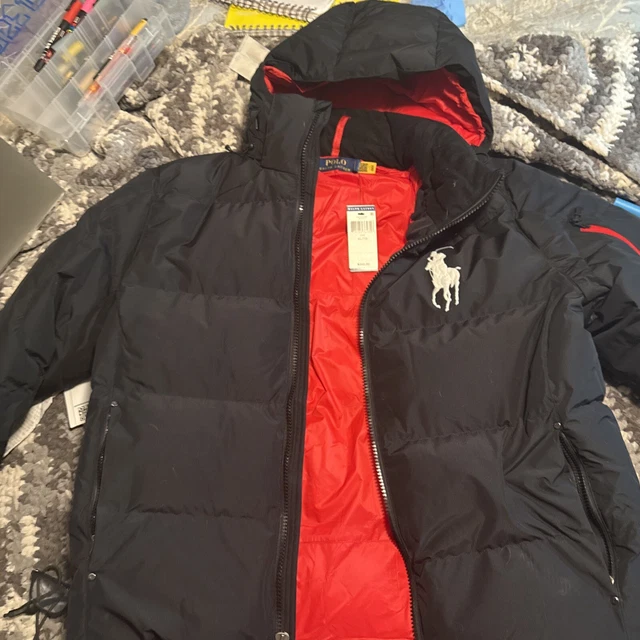 POLO RALPH LAUREN Big Pony Hooded Down Puffer Jacket Coat Black Red XL ...