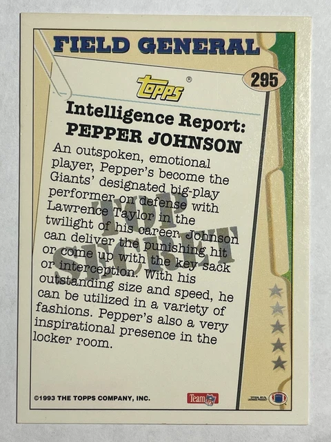 PEPPER JOHNSON NEW York Giants 1993 Topps GOLD PARALLEL FIELD GENERAL ...