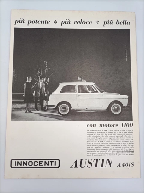CLIPPING RITAGLIO PUBBLICITÀ 1963 INNOCENTI AUSTIN A40/S Potente Veloce Bella EUR 5,00 - PicClick FR