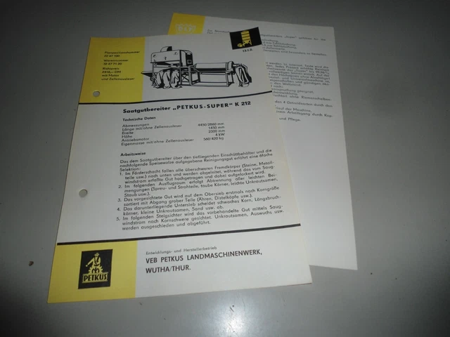 DATENBLATT PROSPEKT LANDWIRTSCHAFT DDR Saatgutbereiter Petkus Super EUR ...