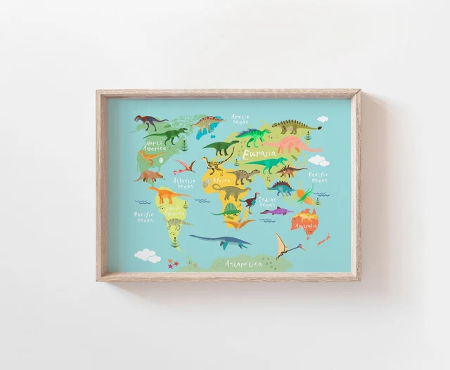 DINOSAUR WORLD MAP, Educational Dinosaur Wall Art Map of the World ...