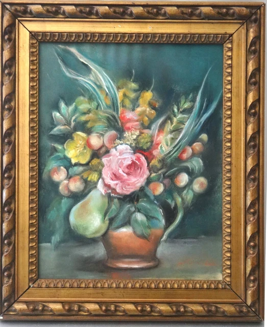 ANCIEN TABLEAU XIX pastel nature morte aux fruits fleurs rose signé ...