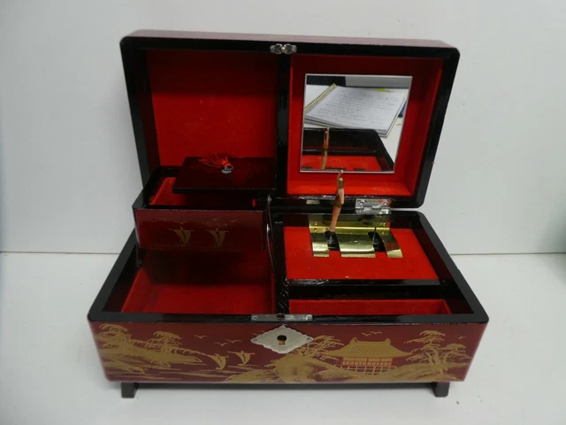 VINTAGE HAND PAINTED Clockwork Musical Dancer Japanese Lacquer Box ...