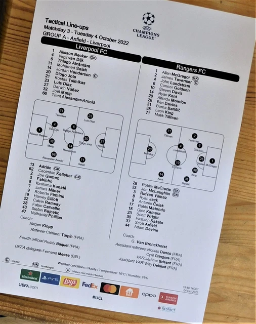LIVERPOOL - RANGERS official UEFA teamsheet, Champions League 4th ...