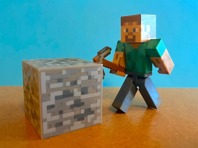 MINECRAFT STEVE ACTION Figure with Pickaxe and Iron Ore Block Mojang ...