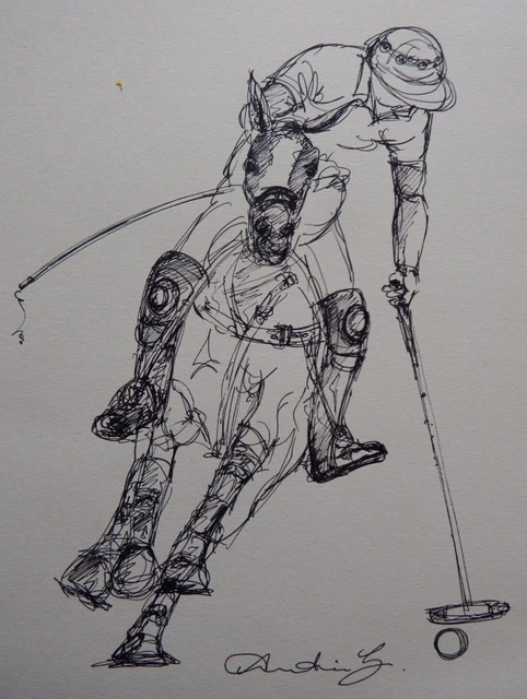 ORIGINAL EQUESTRIAN HAND Drawn Pen & Ink Drawing Sketch of a Polo ...