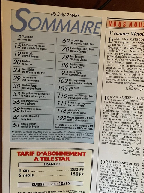 TELE STAR N°700 du 26/02/1990; Yves Rénier/ Candice Bergen/ Hervé ...