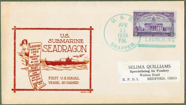 USS SEADRAGON LAUNCH. Commemorative Cover 1939, USS Snapper Submarine ...