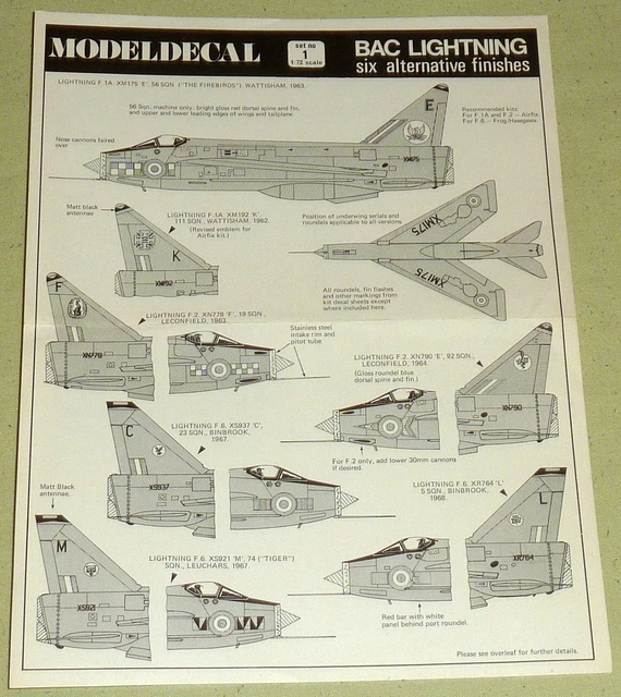 MODELDECAL DECALS NO.1 EE/BAC Lightning Mk.1A Mk.2 Mk.6 decal in 1:72 ...