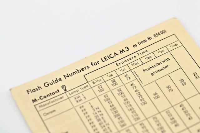 LEICA M3 FLASH Guide Number Card Chart Information Reference Accessory ...