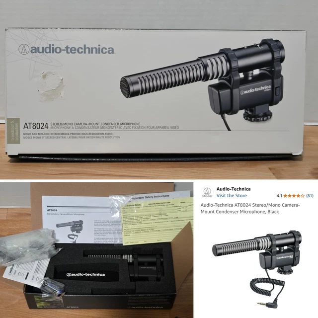 NEW! AUDIO TECHNICA AT8024 DSLR Stereo Mono Camera Mount Microphone ...