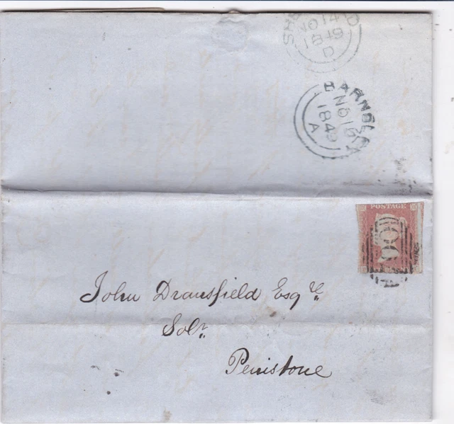 1849 QV FINE 1d PENNY RED STAMP ON SHEFFIELD LETTER TO PENISTONE ...