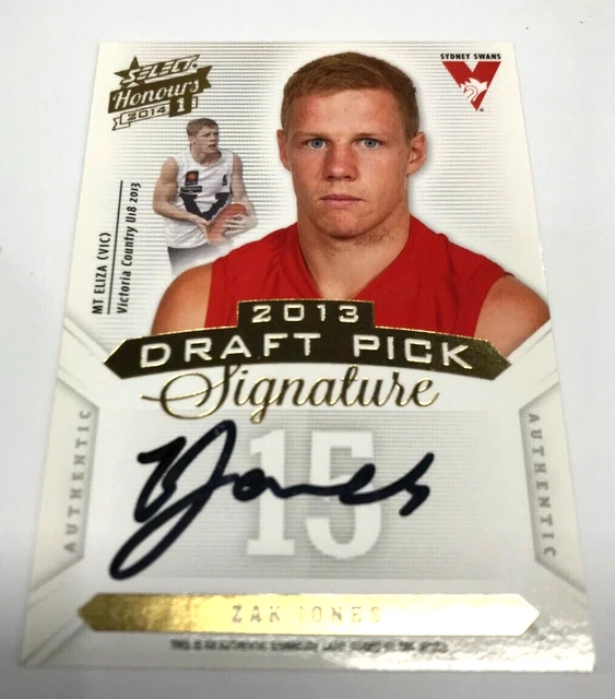 2014 SELECT AFL Honours Card Draft Pick Signature Card DPS12 Zak Jones (Sydney) $60.00 - PicClick AU