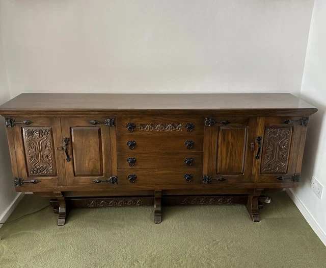 LARGE ANTIQUE SOLID Oak Sideboard Buffet Jacobean Style 2 Cupboard 4 Drawer £160.00 - PicClick UK