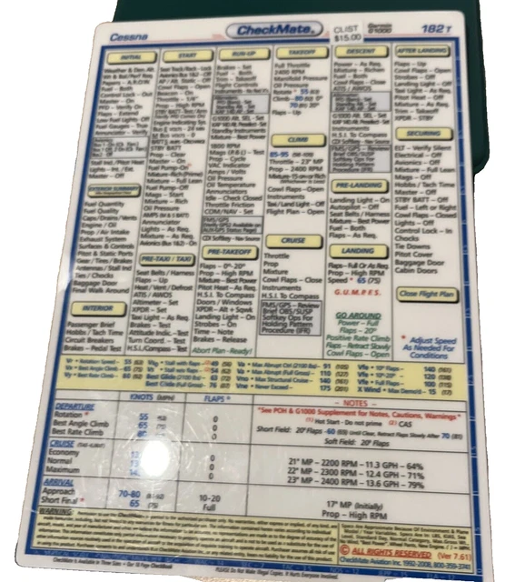CHECKMATE AVIATION LAMINATED Checklist - Cessna 182T G1000 6 3/4 x 9 3/ ...
