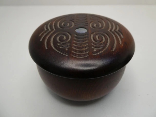 VINTAGE NEW ZEALAND Maori Tiki Paua Shell Hand Carved Lidded Dish Bowl ...