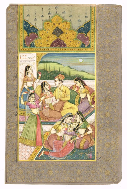 INDIAN MINIATURE PAINTING Of Emperor Akbar in Love Scene With Women ...