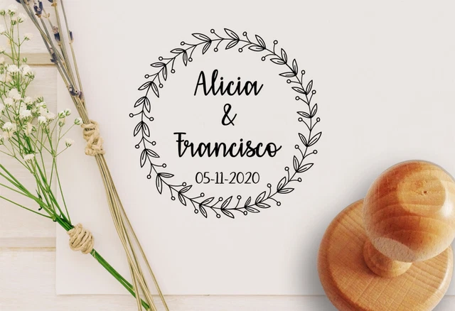 SELLO PARA BODA Personalizado con tus nombres y fecha, corona Laurel Cuño Bodas EUR 13,50 ...