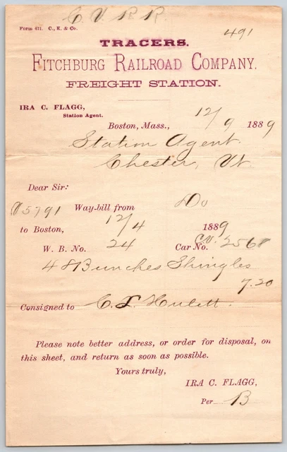 FITCHBURG RAILROAD COMPANY 1889 gare de fret facture de transport pour ...