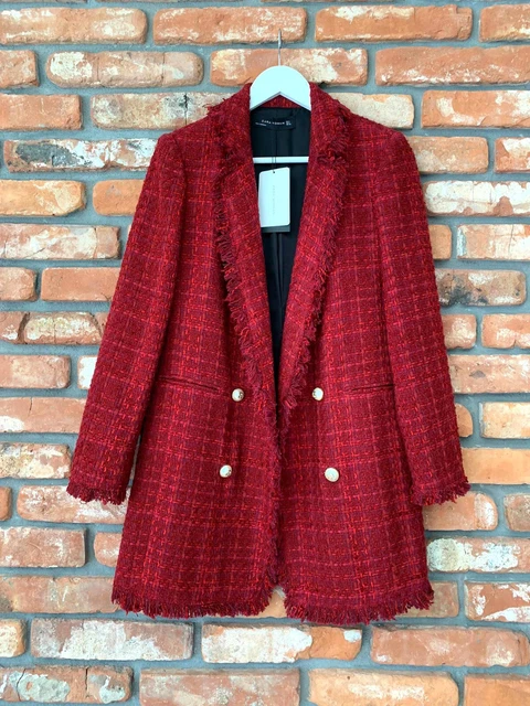 RARE ZARA WOMAN Coat Red Burgundy Frayed Buttons Blazer Jacket Medium ...
