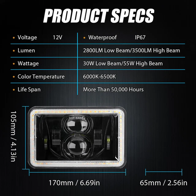 4PCS 4X6& INCH LED Headlights Square Lamp For 60/80 Series H4656/H4651 ...