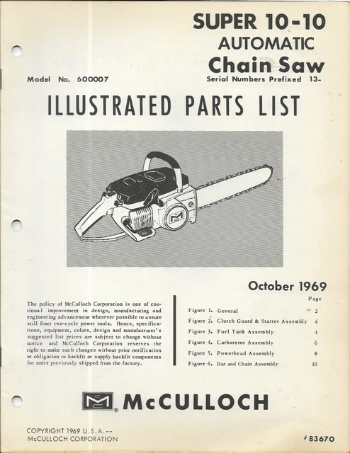 MCCULLOCH SUPER 10-10 MOTOSEGA AUTOMATICA Ottobre 1969 600005 Elenco ...