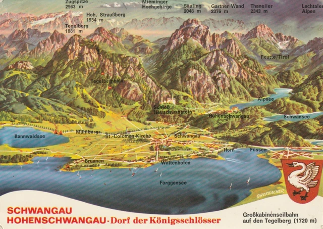 AK MAP, LANDKARTE, Panoramakarte **SCHWANGAU - HOHENSCHWANGAU** EUR 1 ...