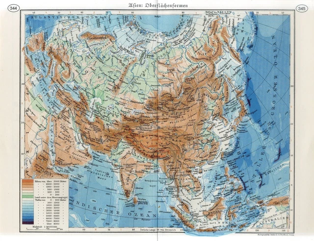 1920S ASIA PHYSICAL MAP OF SURFACE SHAPES CHINA RUSSIA INDIA VIETNAM ...