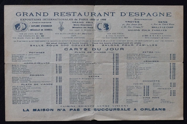MENU GRAND RESTAURANT d'Espagne ORLEANS Solivellas Carte du Jour EUR 15 ...