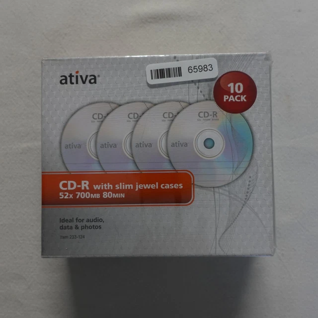 ATIVA 10 PACK CD-R w/slim Jewel Cases 52x 700MB 80min NEW Audio Data ...